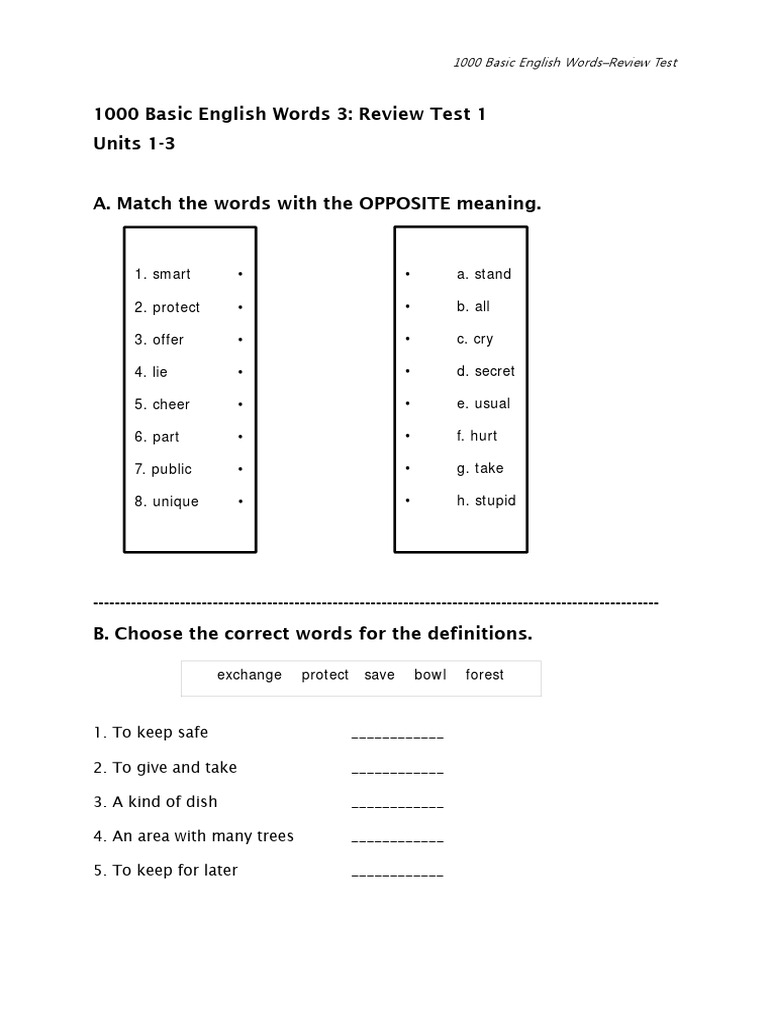 1000 Basic English Words 3 - Review Test | PDF | English Language 1000 Basic English Words 3 - Review Test | PDF | English Language