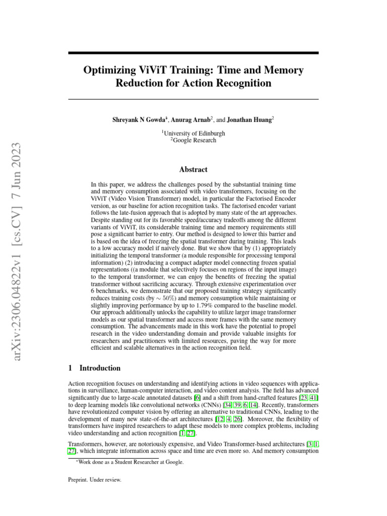 Optimizing ViViT Training: Time and Memory | PDF | Data Compression | Video
