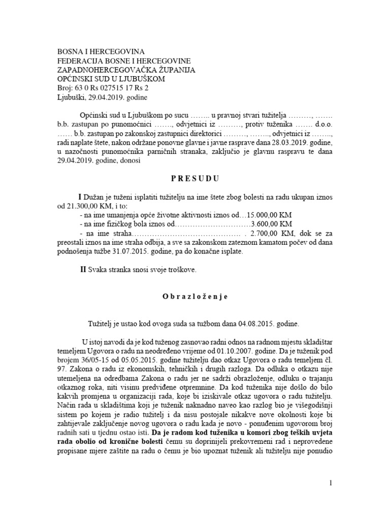 Presuda Parnica Naknada Nematerijalne Tete | PDF