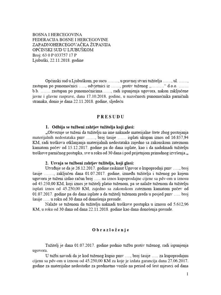 Presuda Parnica Raskid Ugovora | PDF