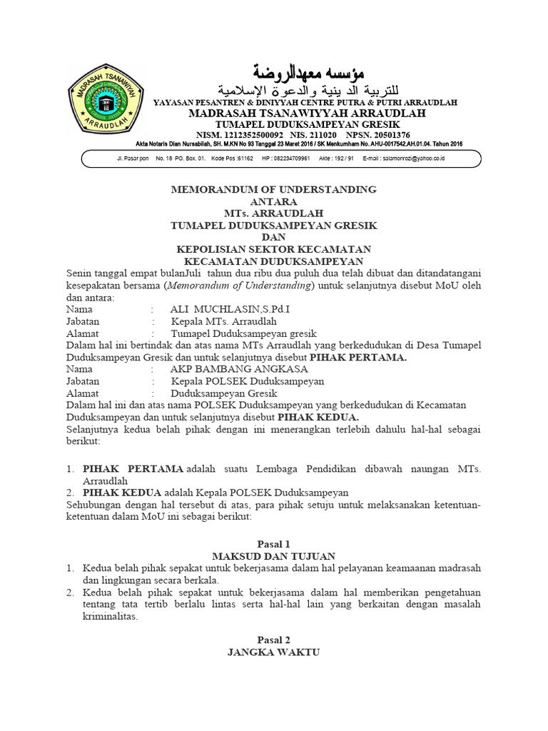 MoU MTs Arraudlah dan Puskesmas Gresik | PDF | Ilmu Sosial