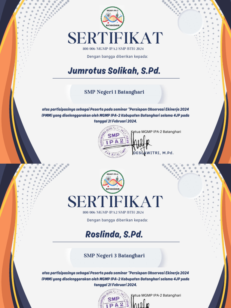 Sertifikat-Persiapan Observasi Kelas MGMP Ipa2 | PDF
