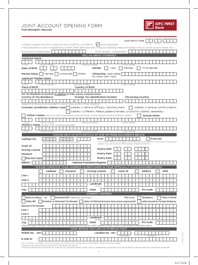 IDFC FIRST Individual Joint Savings Account Opening Form V12 | PDF ...