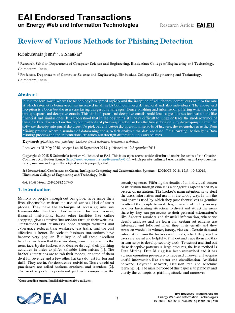 17 2018 Review Of Various Methods For Phishing Pdf Phishing Statistical Classification