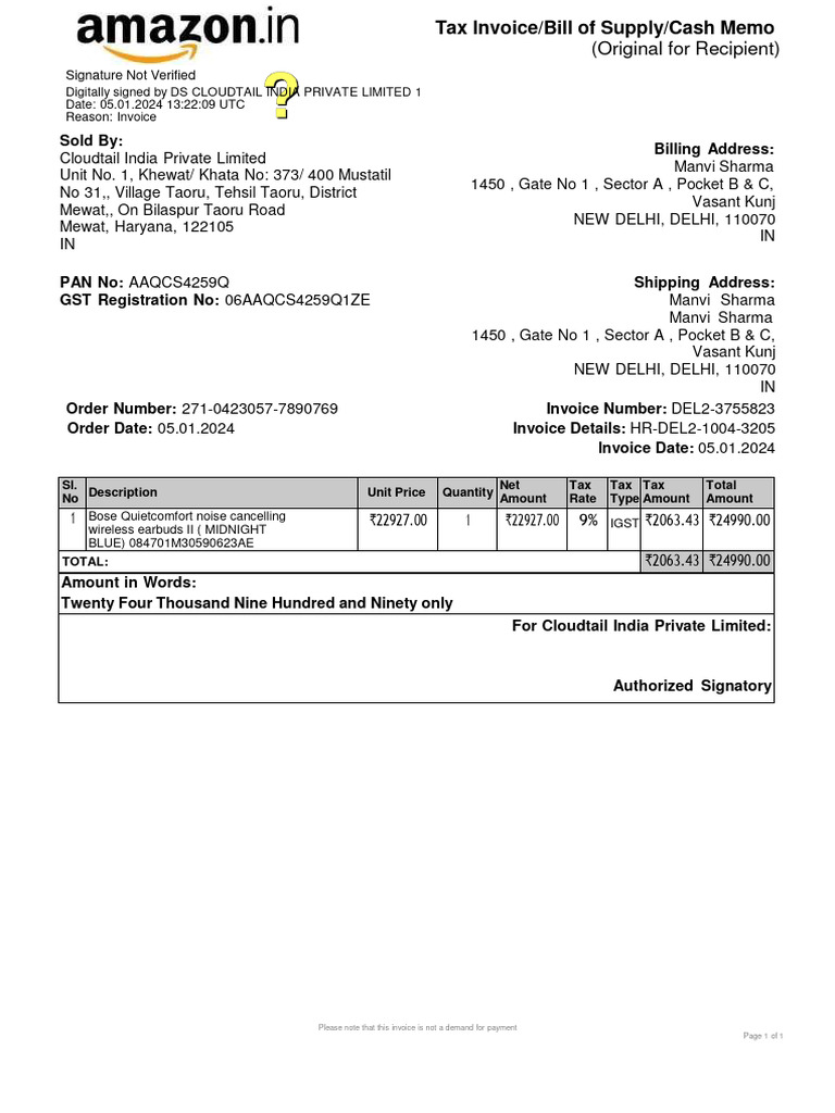 Invoice for Bose Earbuds Purchase | PDF | Invoice | Taxation