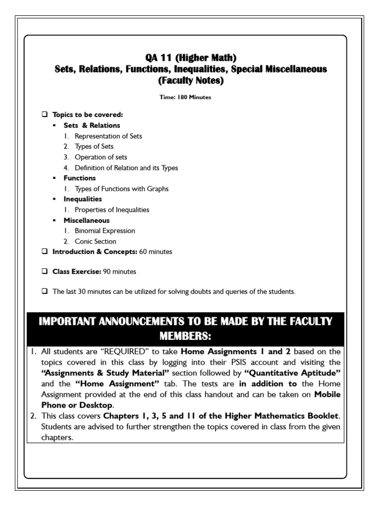 QA 11 (Higher Math) Sets, Relations, Functions, Inequalities, Special Miscellaneous (FN) | PDF ...