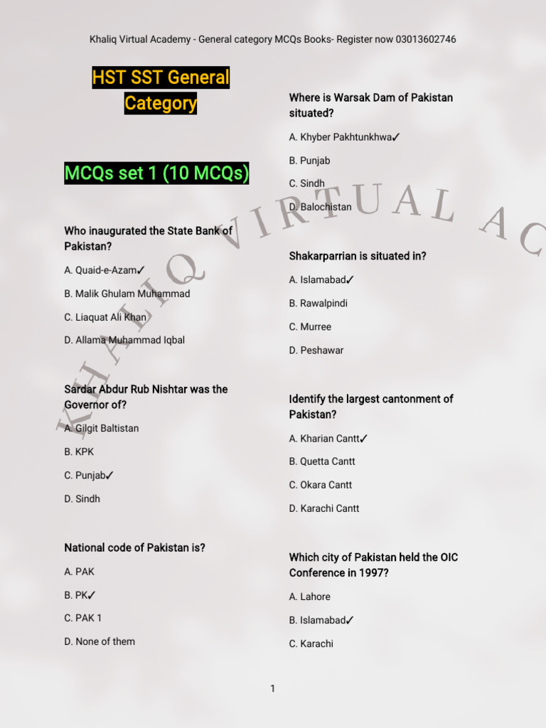 Pak Study MCQs General Category | PDF | Pakistan | Muhammad Ali Jinnah