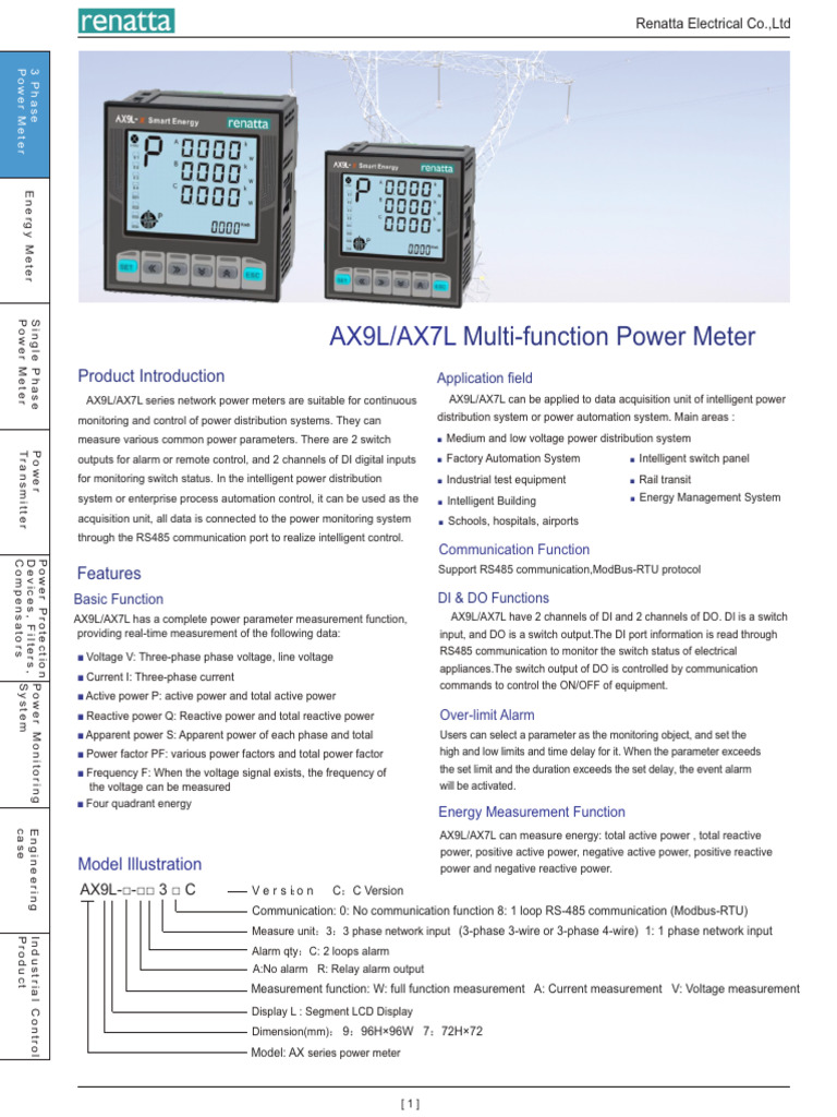 Renatta_AX9L_Intelligent_Power_Meter | PDF | Electric Power Distribution | Ac Power