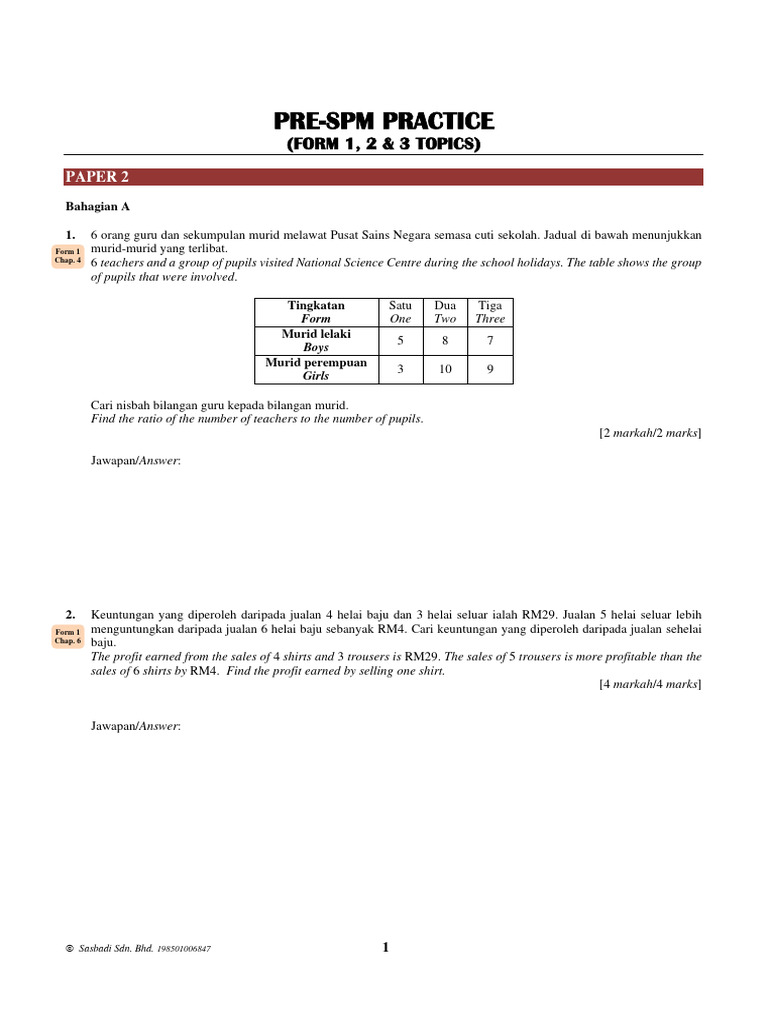 Pre-SPM Practice (Form 1 - 3 Topics) PAPER 2 | PDF