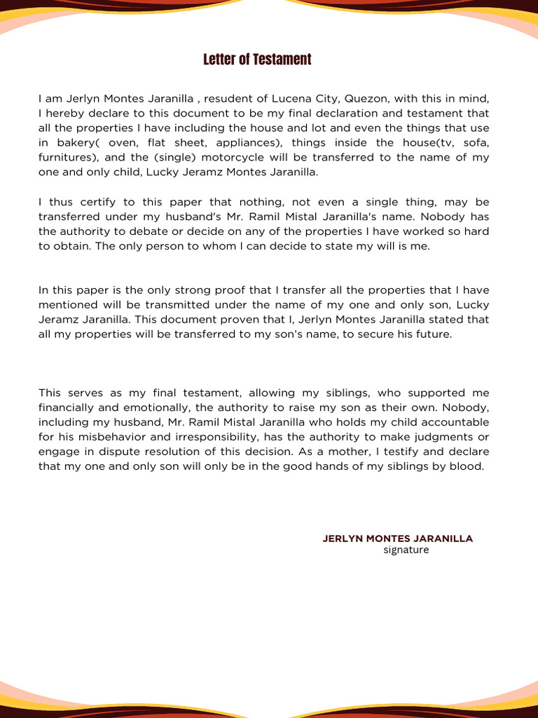 Jerlyn Jaranilla's Final Testament | PDF | Politics | Law