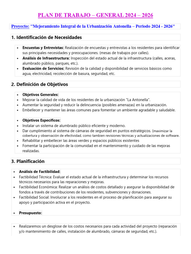 PLAN DE TRABAJO 2024 - 2026 ANTONELLAdocx | PDF | Infraestructura ...