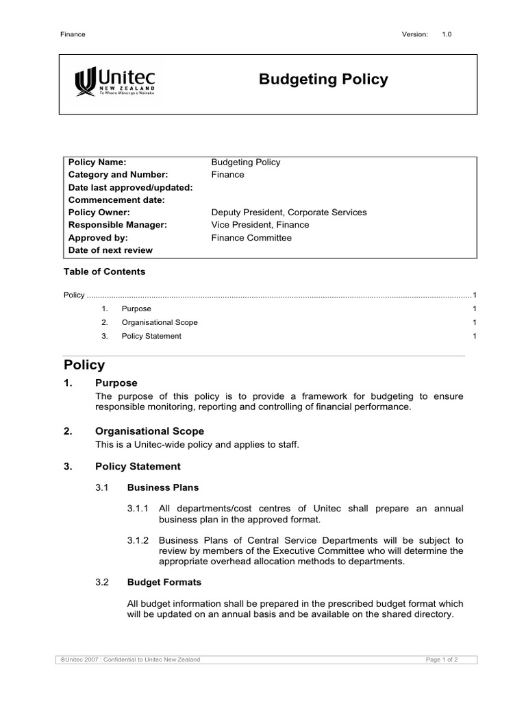 Budgeting Policy - Unitec Policies and Procedures | PDF | Budget ...
