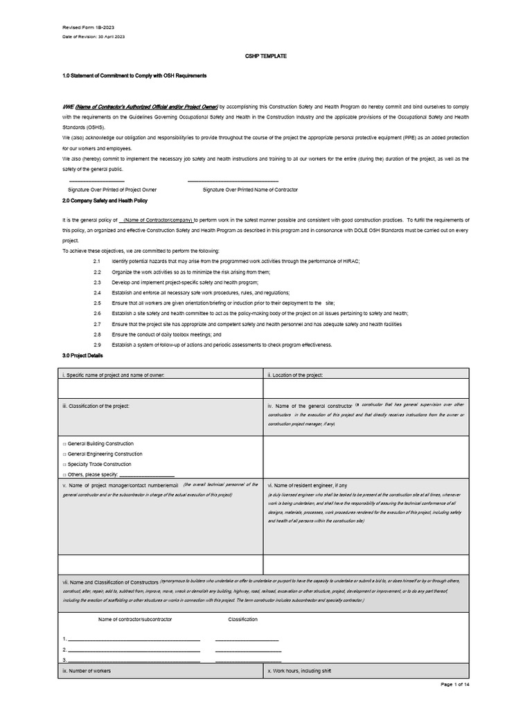 CSHP Form 1B 2023 Template - 2 | PDF | Occupational Safety And Health ...