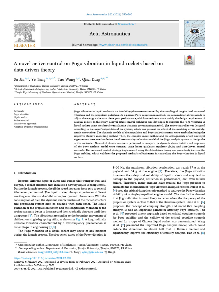 A Novel Active Control On Pogo Vibration in Liquid Rockets Based On ...