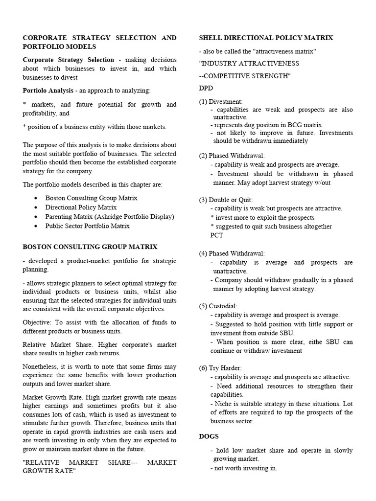 CORPORATE STRATEGY SELECTION AND PORTFOLIO MODELS | PDF | Strategic Management | Economies