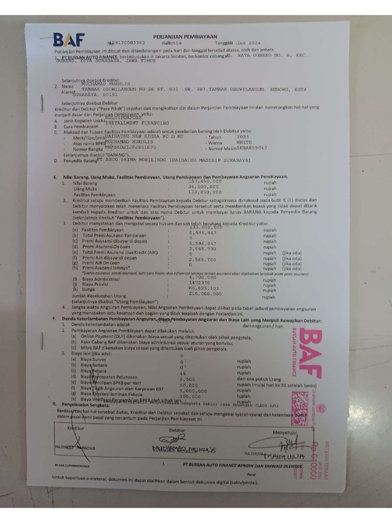 BAF contoh surat perjanjian pembiayaan BAF Mobil | PDF