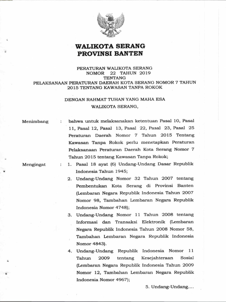 PERWAL No 22 Tahun 2019 Tentang Pelaksanaan Perda KTR Kota Serang | PDF