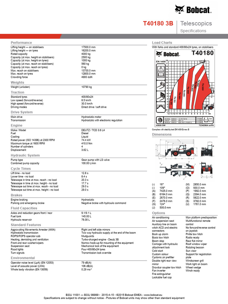 Bobcat T40180 - Telehandler - Specs | PDF | Vehicles | Motor Vehicle