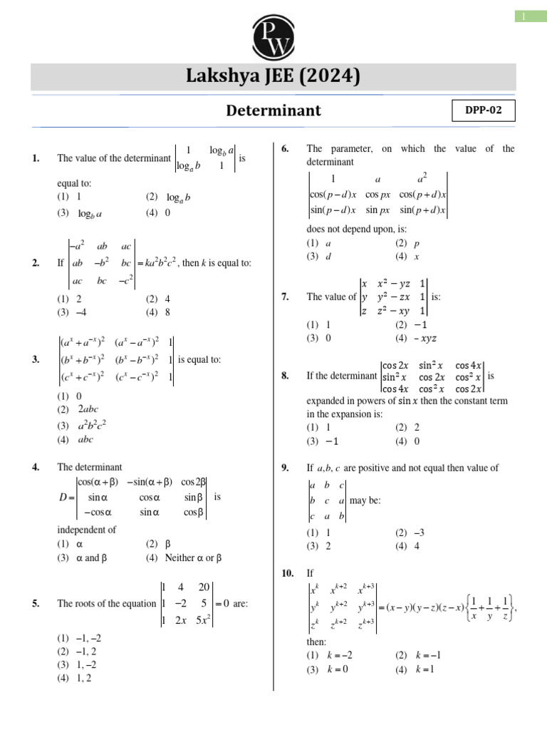 Determinant - DPP 02 (Of Lec 04) - Lakshya JEE 2024 | PDF | Equations ... Determinant - DPP 02 (Of Lec 04) - Lakshya JEE 2024 | PDF | Equations ...