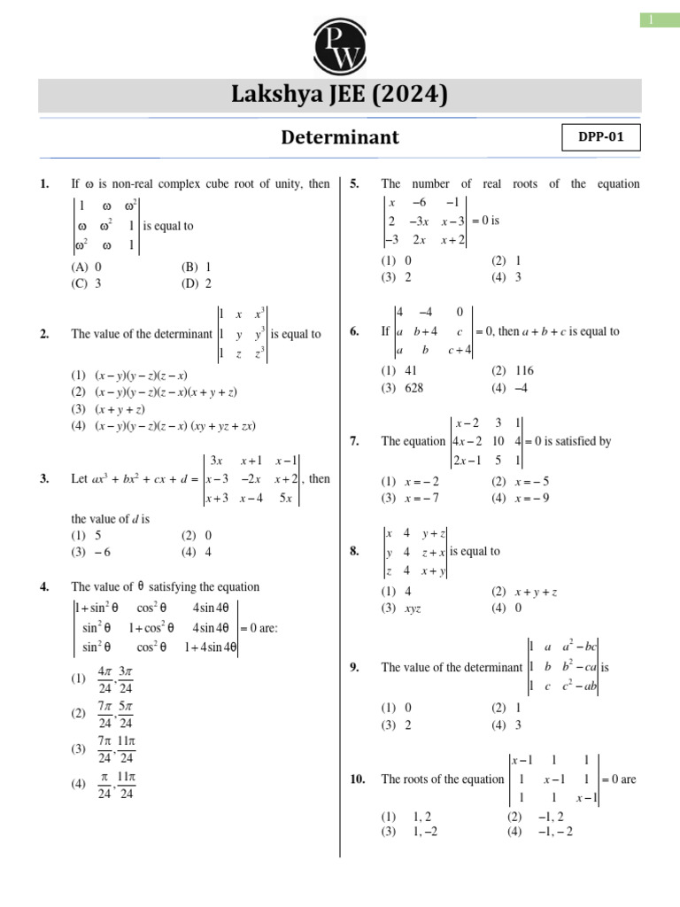 Determinant Dpp 01 Of Lec 03 Lakshya Jee 2024 Pdf Equations