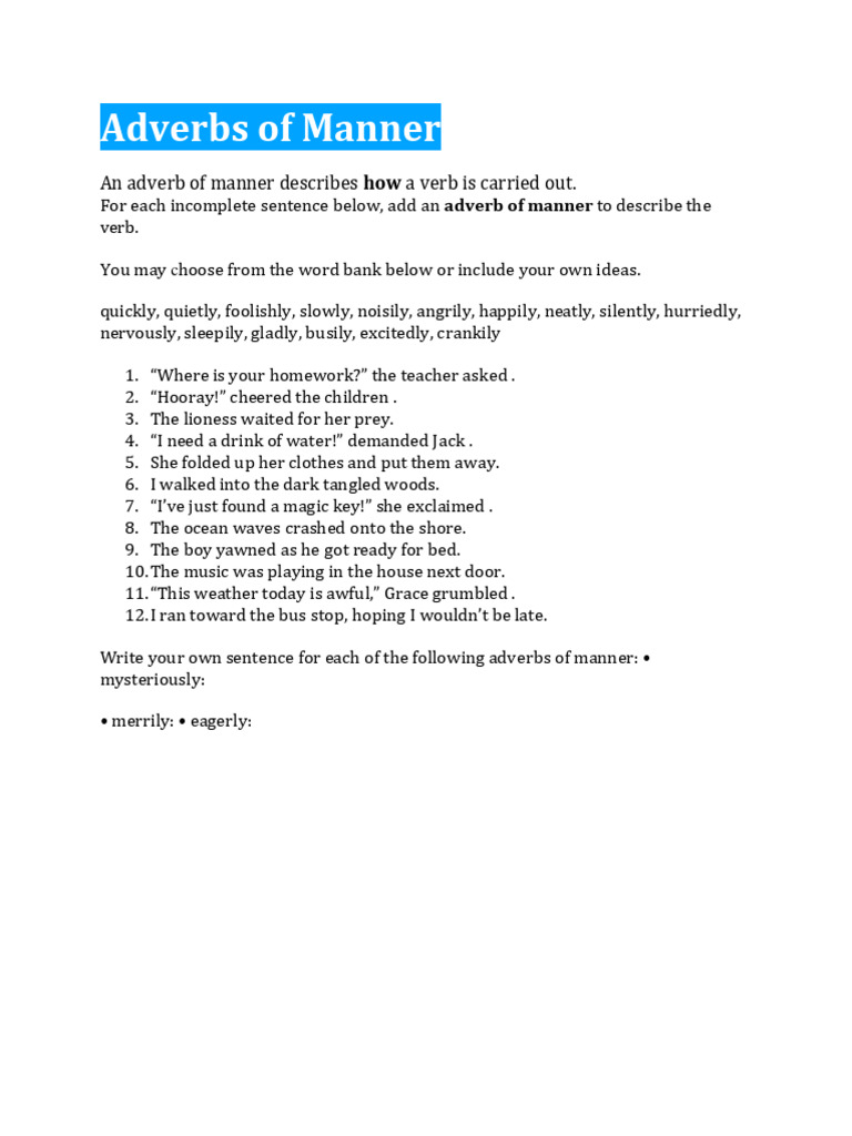 Adverbs of Manner Worksheet | PDF | Language Arts & Discipline