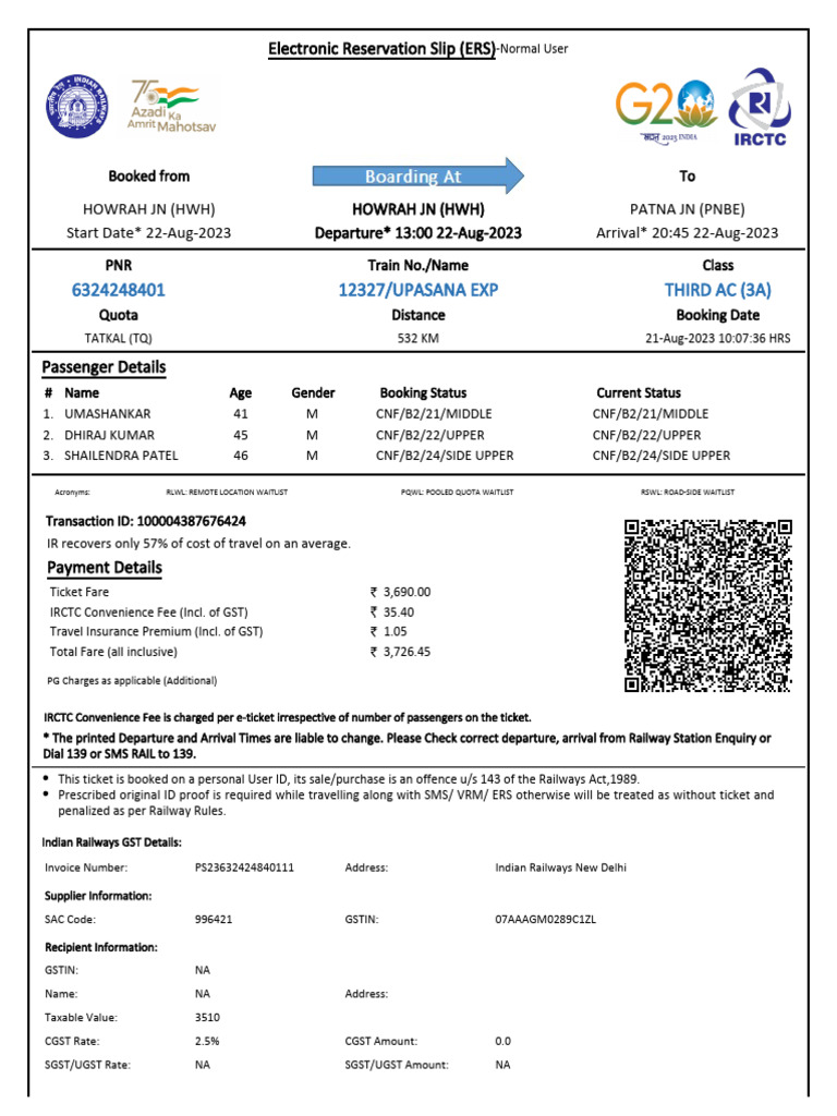 12327/UPASANA EXP Third Ac (3A) | PDF | Identity Document