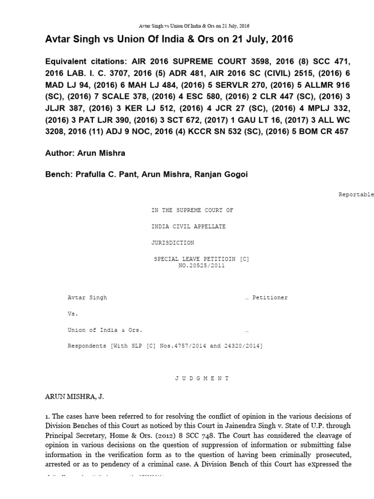 Avtar Singh Vs Union of India Ors On 21 July 2016 | PDF | Acquittal ...