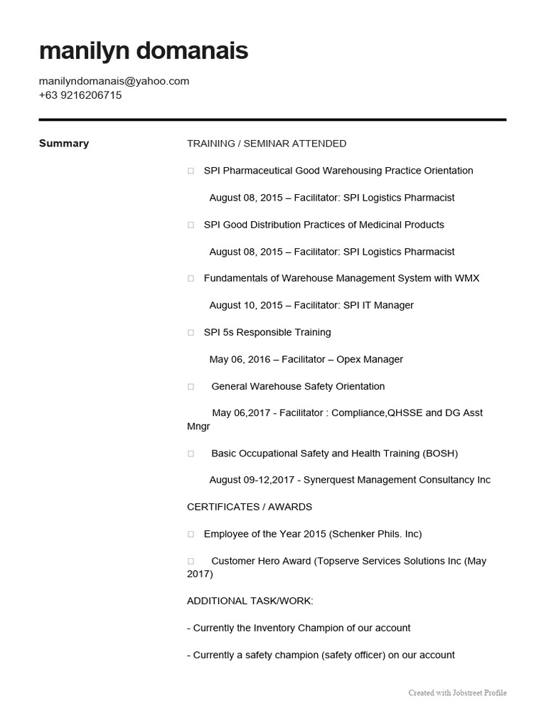 MDOMANAIS Jobstreet Resume | Download Free PDF | Warehouse | Logistics