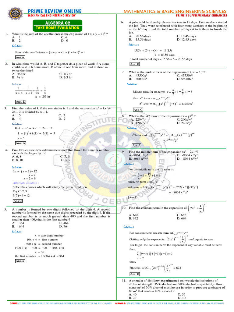 Algebra Evaluation and Problem Solutions | PDF | Mathematics | Arithmetic