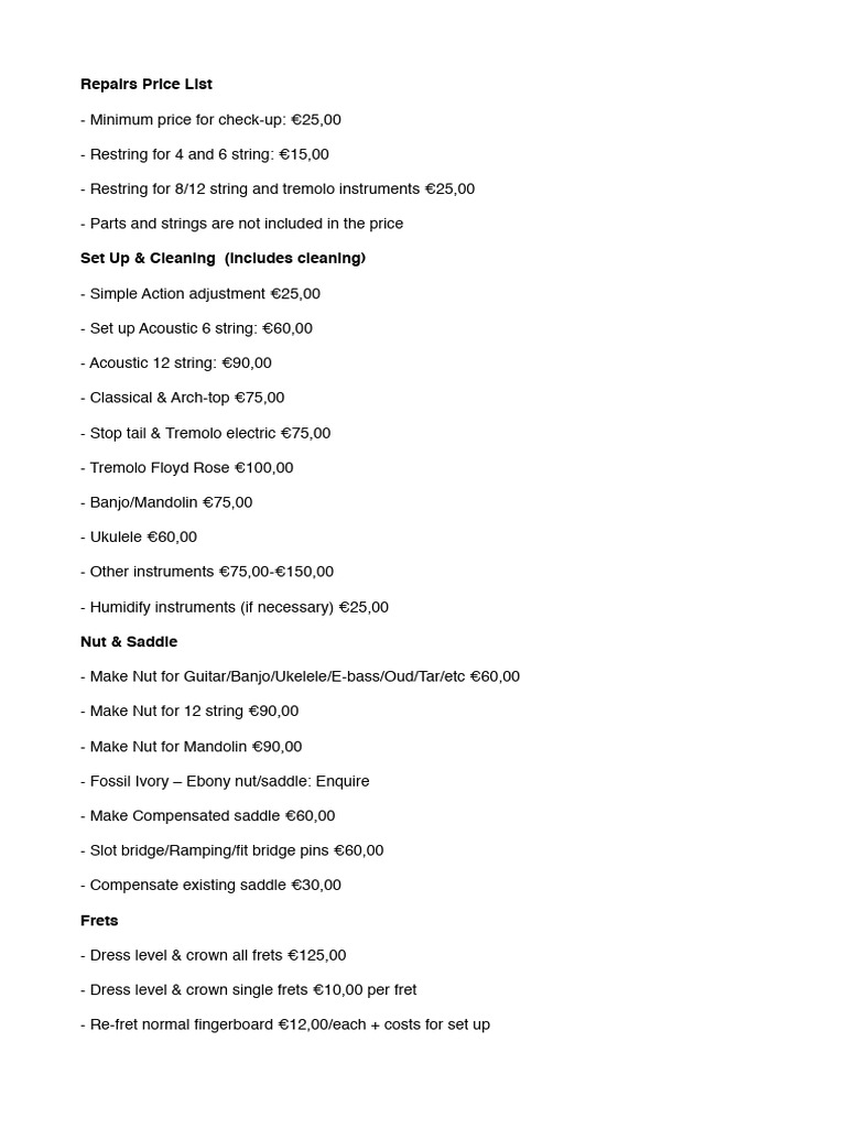 Repairs Price List | PDF | String Instruments | Celtic Musical Instruments