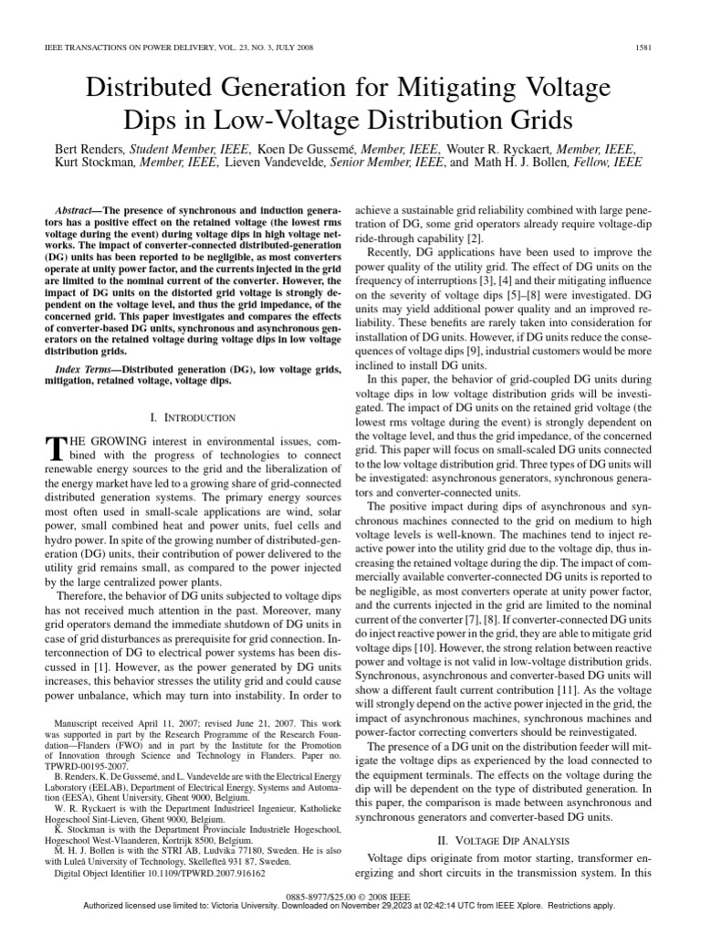 Distributed Generation For Mitigating Voltage Dips In Low Voltage