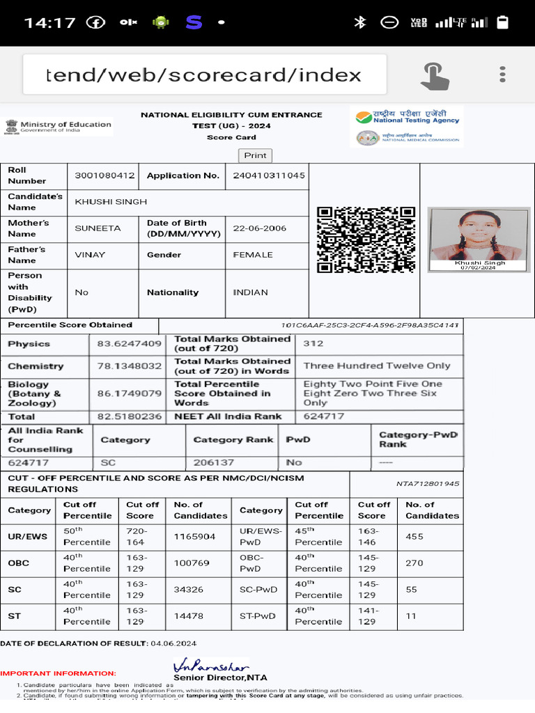 Khushi NEET Scorecard | PDF