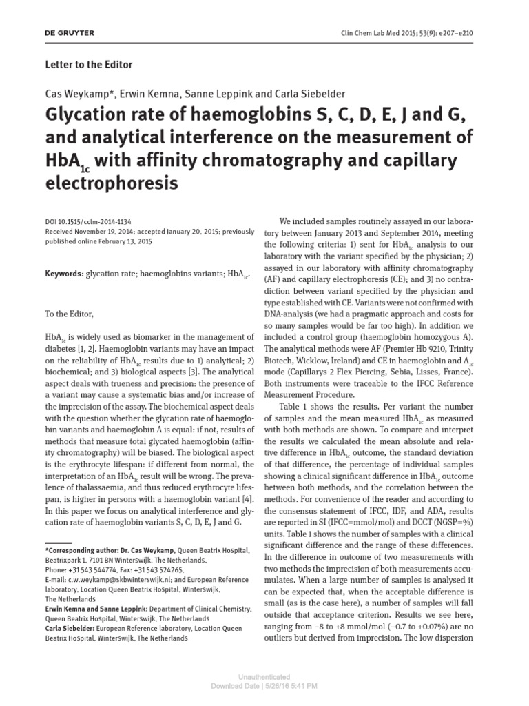 Glycation Rate of Haemoglobins S, C, D, E, J and G,And Analytical ...