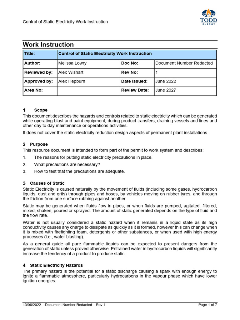 Control of Static Electricity Work Instruction | PDF | Pipe (Fluid ...