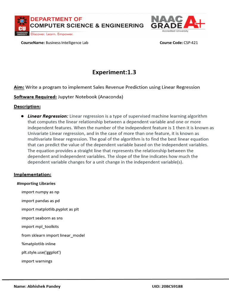 Abhishek Pandey - BI Lab - Exp 3 | PDF | Dependent And Independent Variables | Regression Analysis