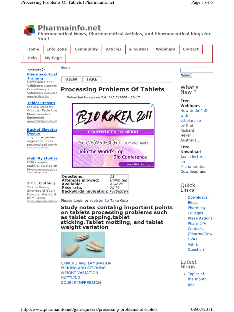 Tablet Processing Problems | PDF | Tablet (Pharmacy) | Materials