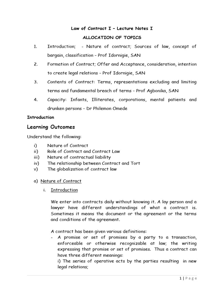 Contract Law First Semester Notes | PDF | Tort | Breach Of Contract