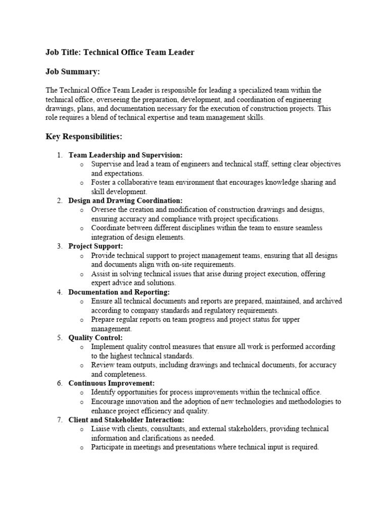 Job Title Technical Office Team Leader | PDF | Project Management ...