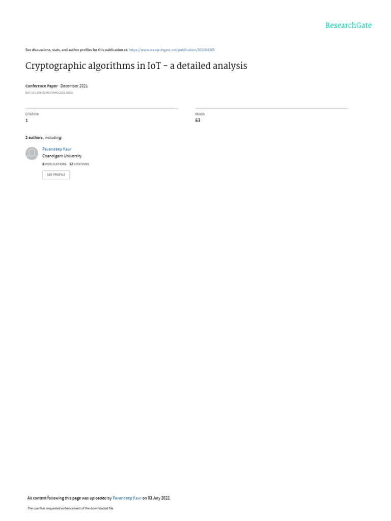 Cryptographic Algorithms in IoT - A Detailed Analysis | PDF | Public Key Cryptography | Cryptography