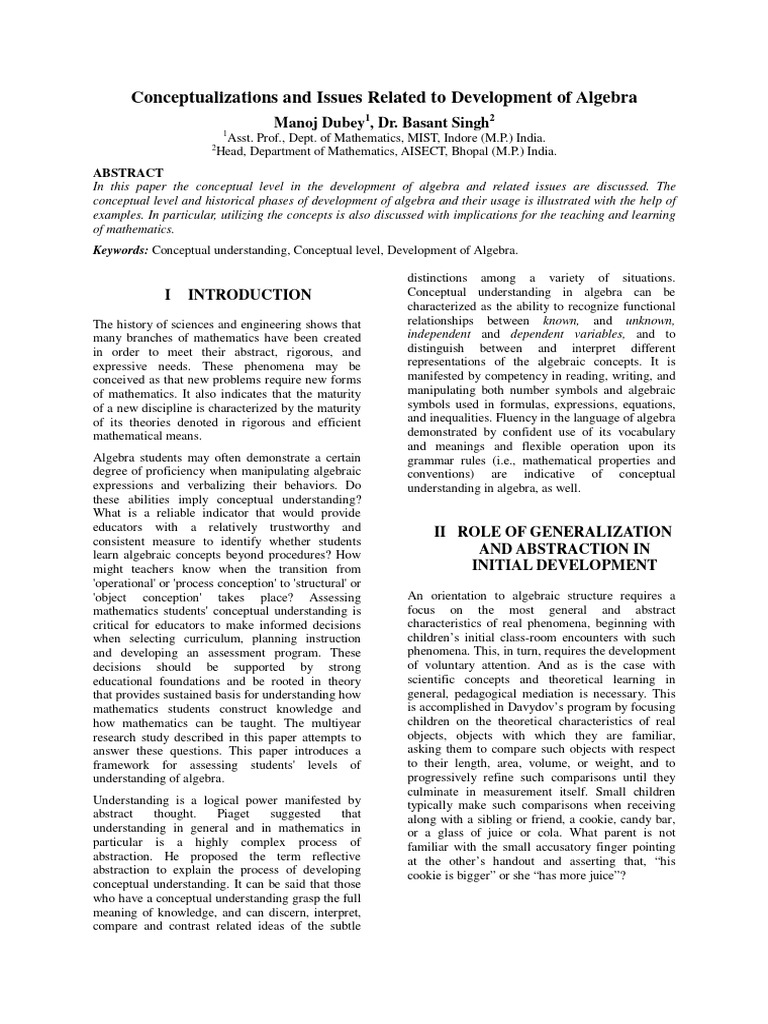 Conceptualizations and Issues Related To Development of Algebra | PDF ...