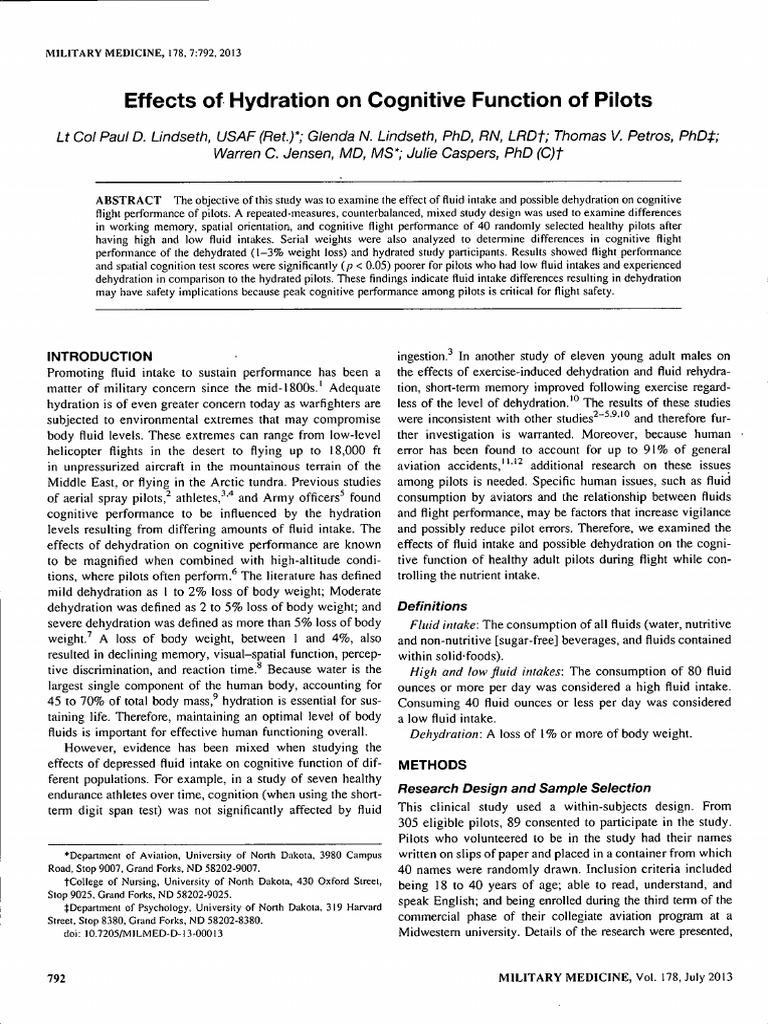 Effects of Hydration On Cognitive Function of Pilots | PDF | Dehydration | Memory