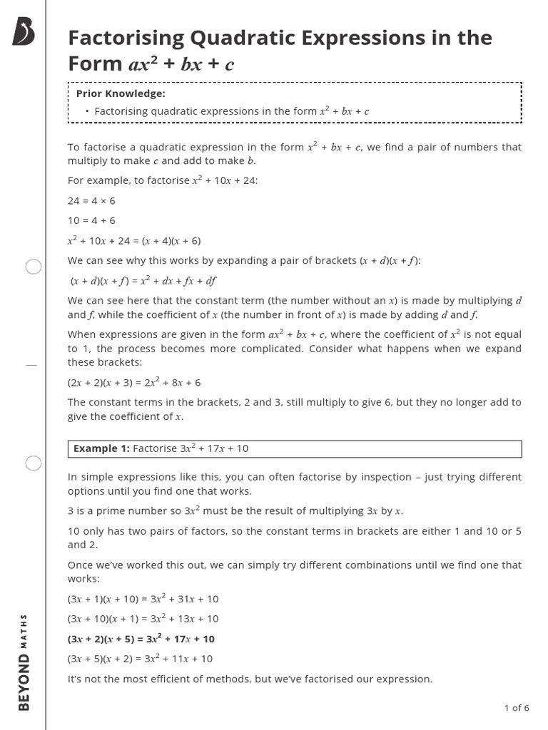 Factorising Quadratic Expressions | Download Free PDF | Factorization | Quadratic Equation