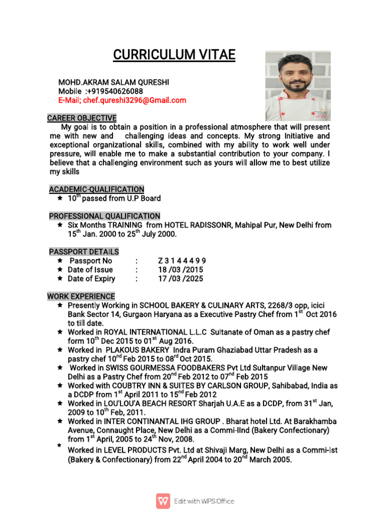 Akram Qureshi: Executive Pastry Chef CV | PDF | Baking | Baked Goods