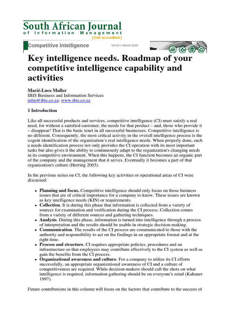 Key Intelligence Needs. Roadmap of Your Competitive Intelligence Capability and Activities | PDF ...