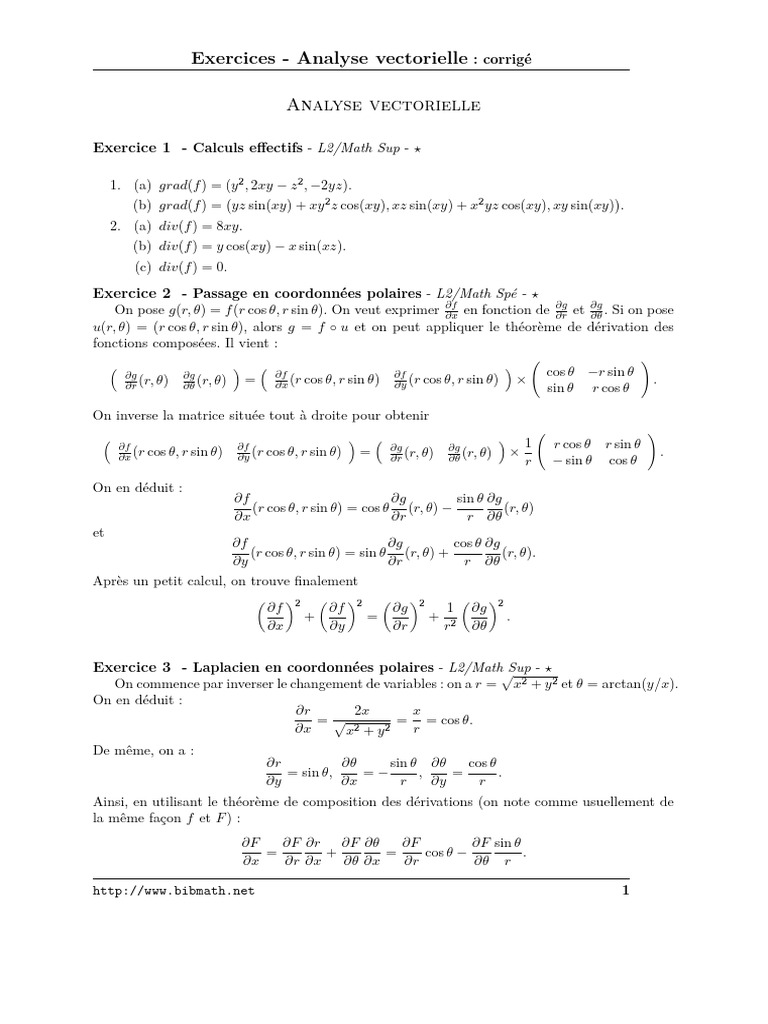 Exercices corrigés d'analyse vectorielle | PDF | Mathématiques ...