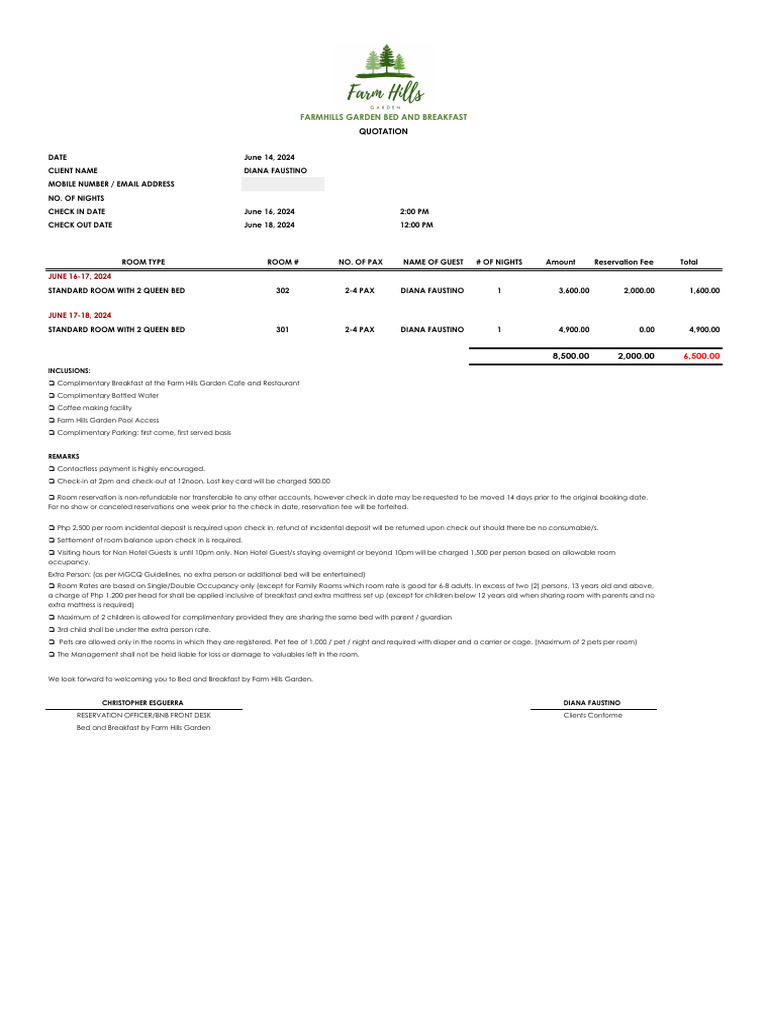 Farm Hills Garden Bed Breakfast Quotation | PDF