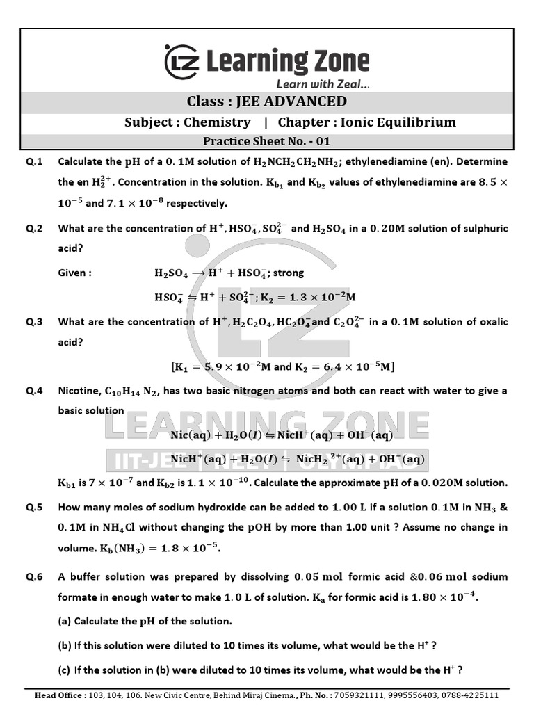 Practice Sheet-01 (Ionic Equilibrium) | PDF | Acid | Buffer Solution