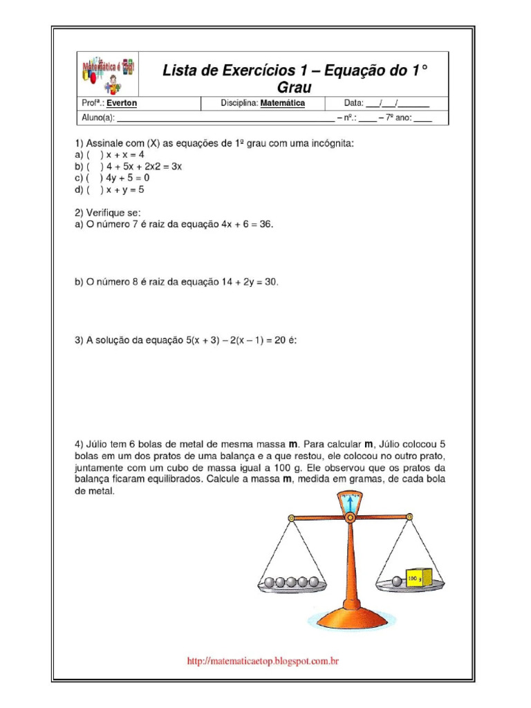 Lista de Exercicios Equacao Do 1 Grau | PDF