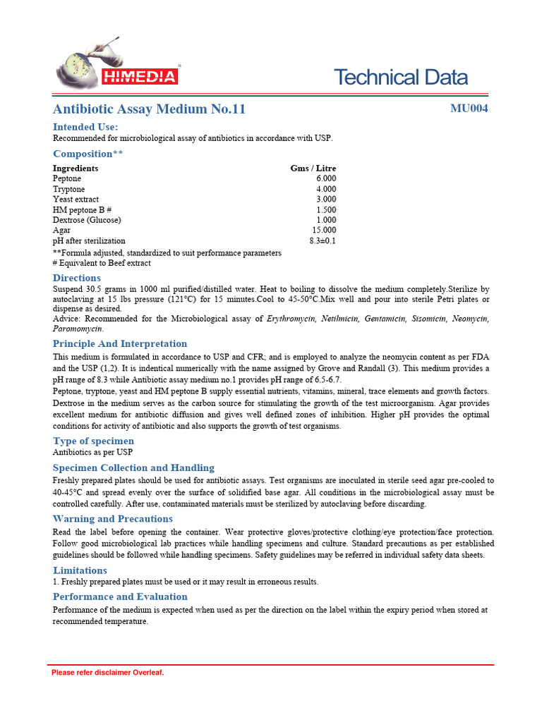 MU004 - Antibiotic Assay Medium 11 | PDF | Growth Medium | Agar