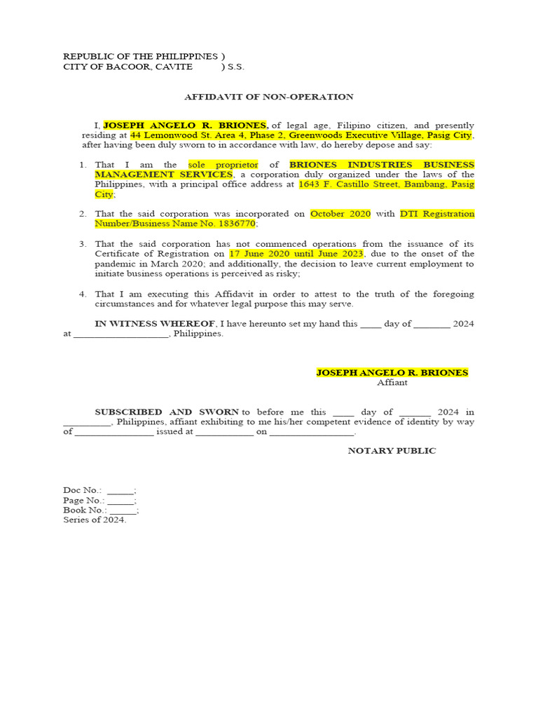 Affidavit of Non-Operation | PDF